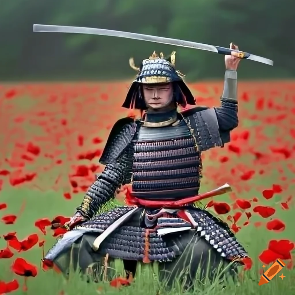 Samurai holding katana in a field of poppies on Craiyon