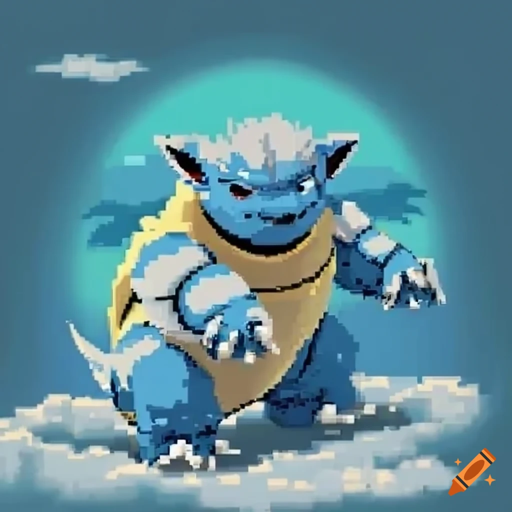 Pixel art of a skinny Blastoise with a fluffy tail surfing in cloud sea on Craiyon