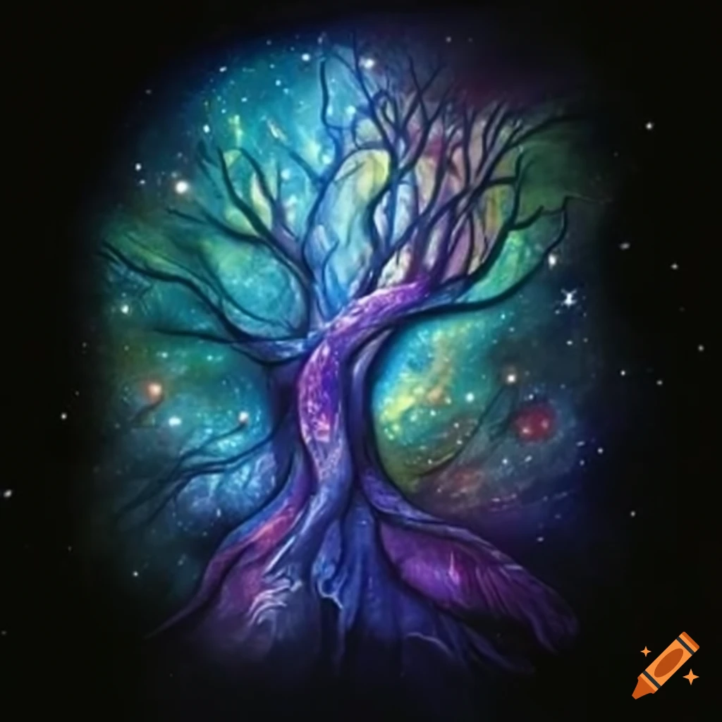 Cosmic tree with colorful leaves reaching towards the sky on Craiyon