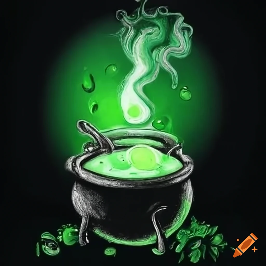 Sinister cauldron with bubbling green potion on Craiyon