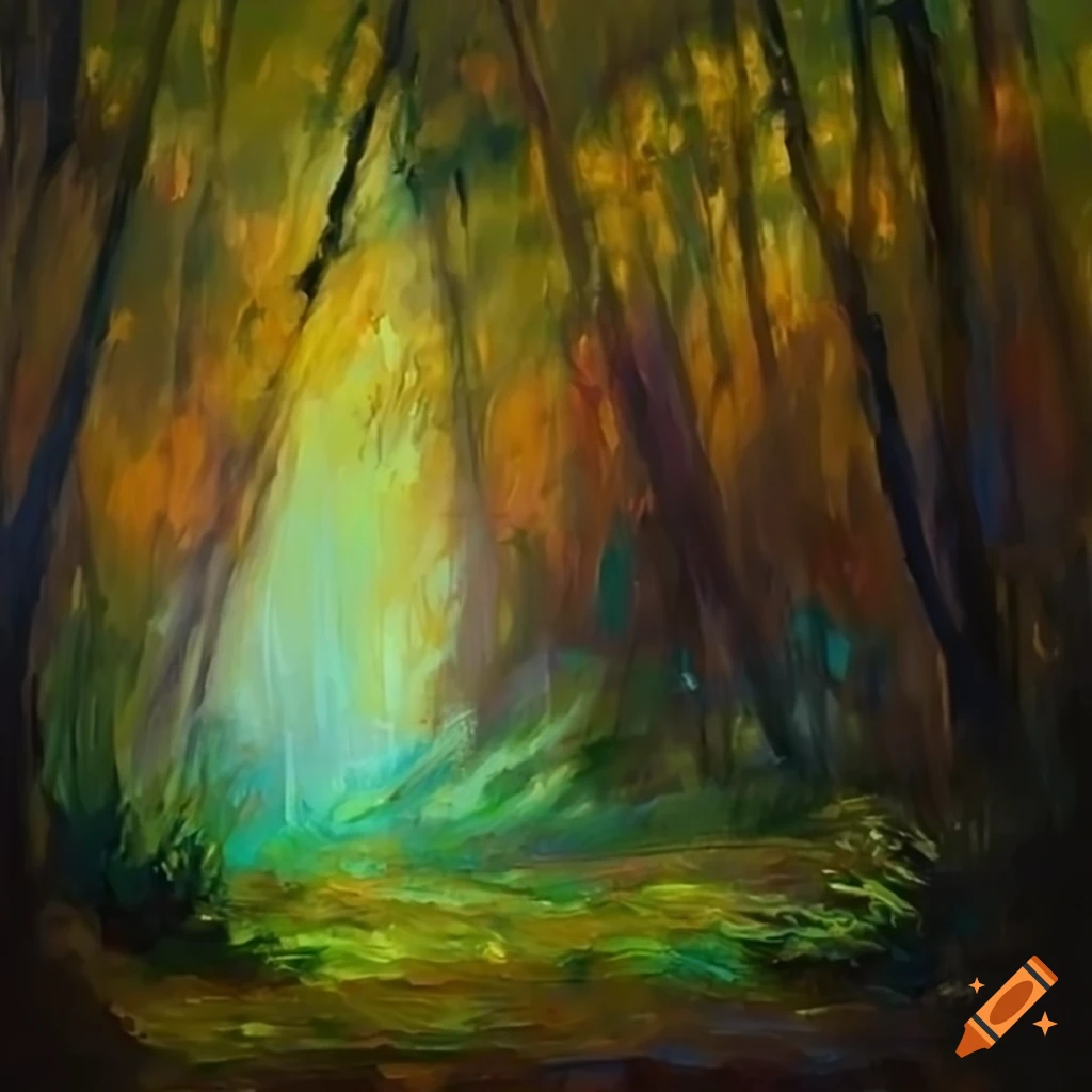 Impressionist painting of forest critters and light beams on Craiyon