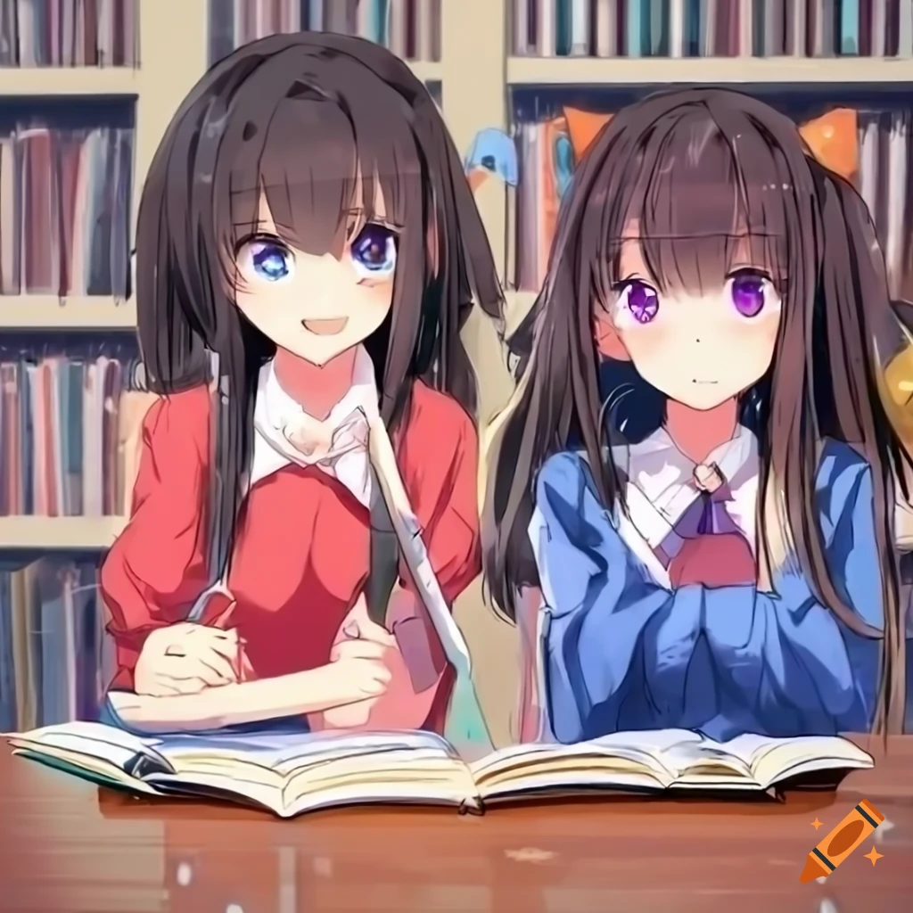 Anime girls studying in a library on a rainy day