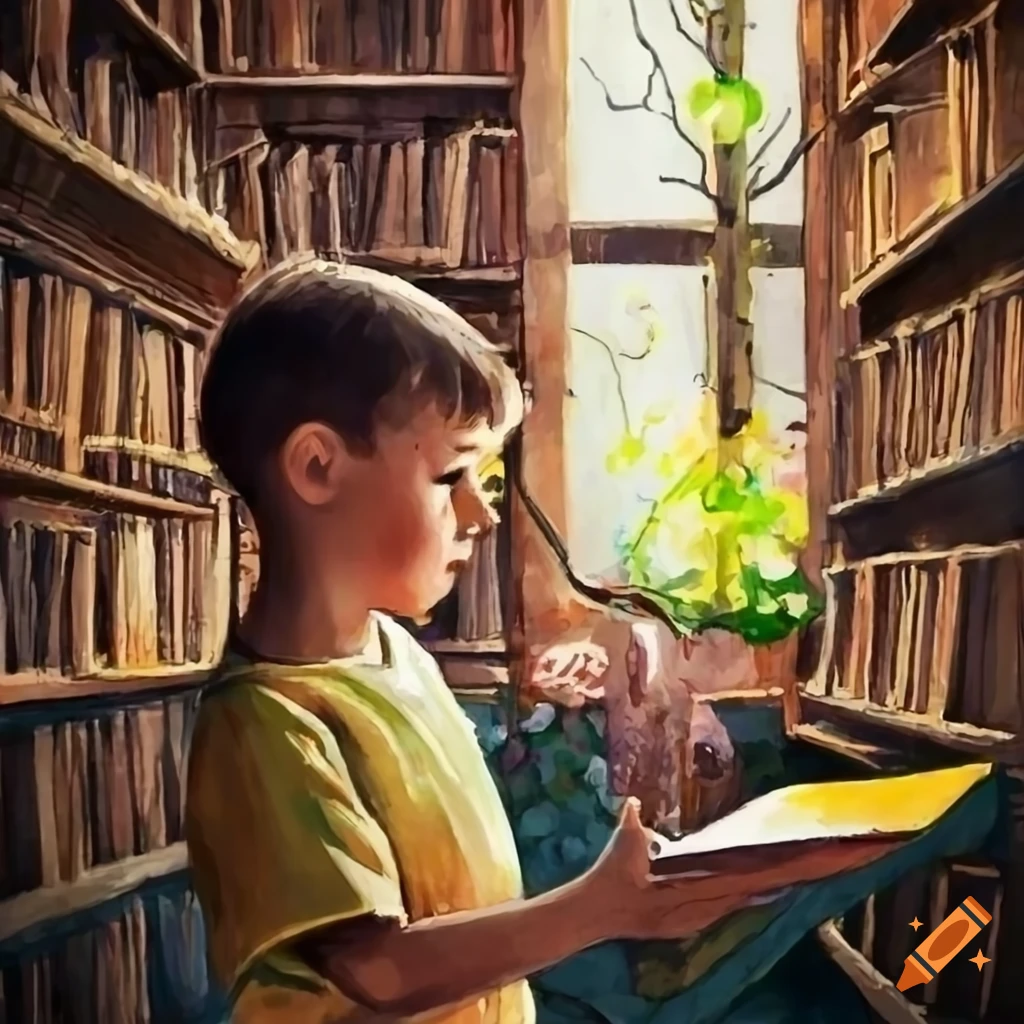 Watercolor painting of a boy in a library with grass and flowers
