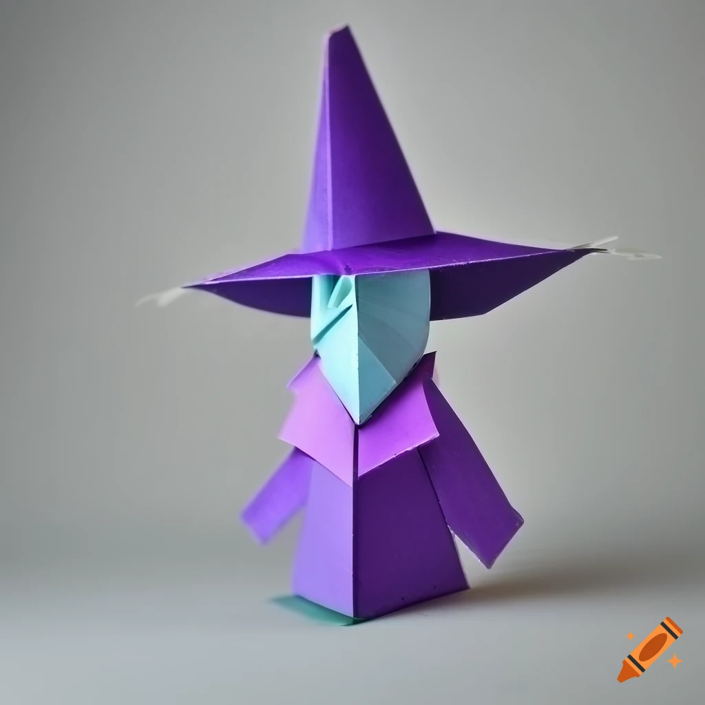Paper witch origami in a papercraft setting on Craiyon