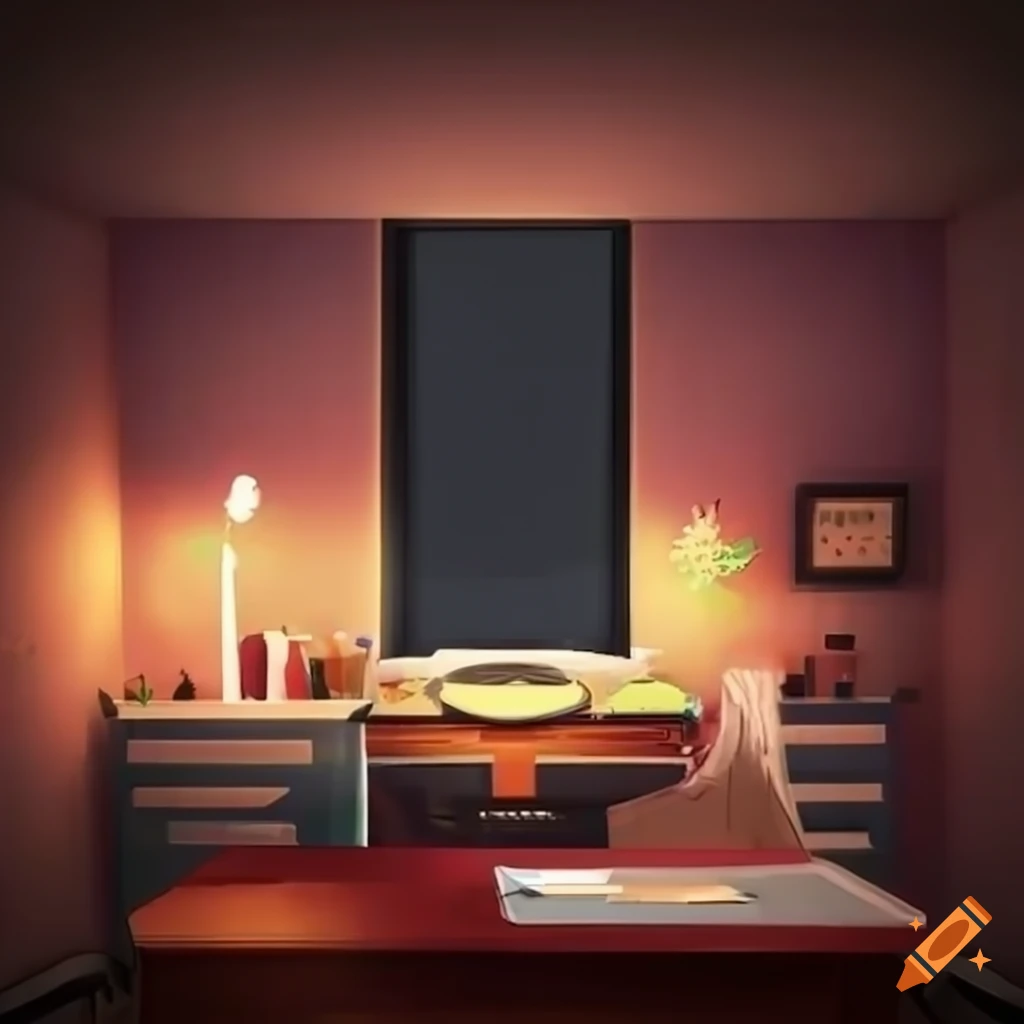 View of a Vtuber's office desk with a glimpse of the bedroom on Craiyon