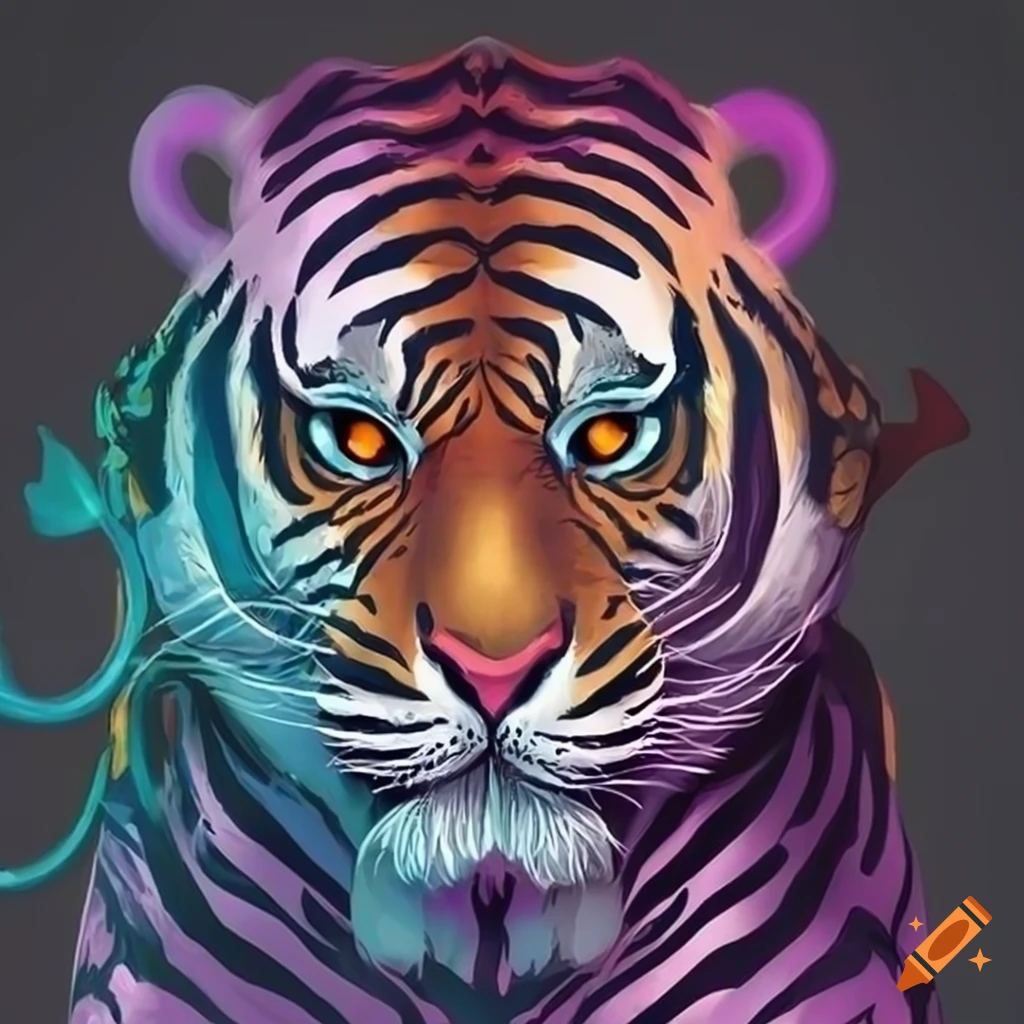 Tiger with purple and gold watercolor background on Craiyon