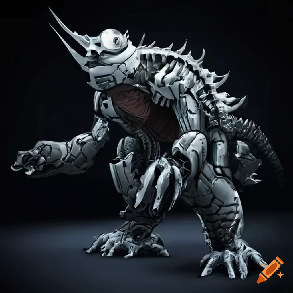 Black snapping turtle kaiju cyborg wearing futuristic armor and Getter Robo legs on Craiyon