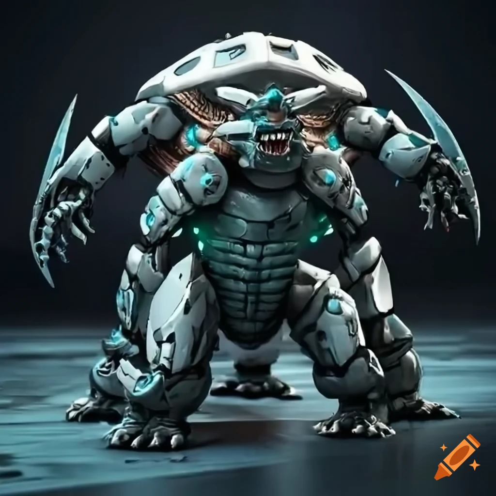 Illustration of a black snapping turtle cyborg in futuristic armor on Craiyon