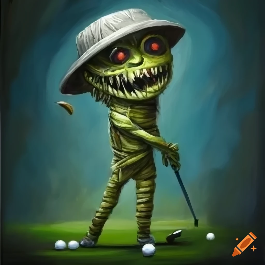 Sinister oil painting of a mummy playing golf on Craiyon