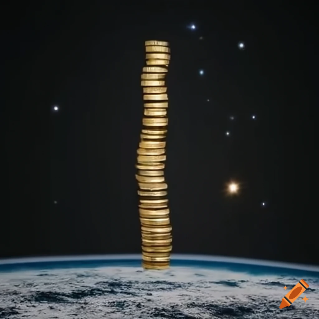Conceptual tower made of coins reaching into outer space on Craiyon