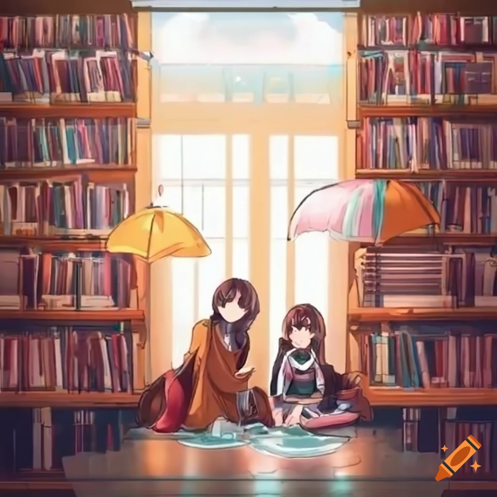Anime girls studying in a library on a rainy day