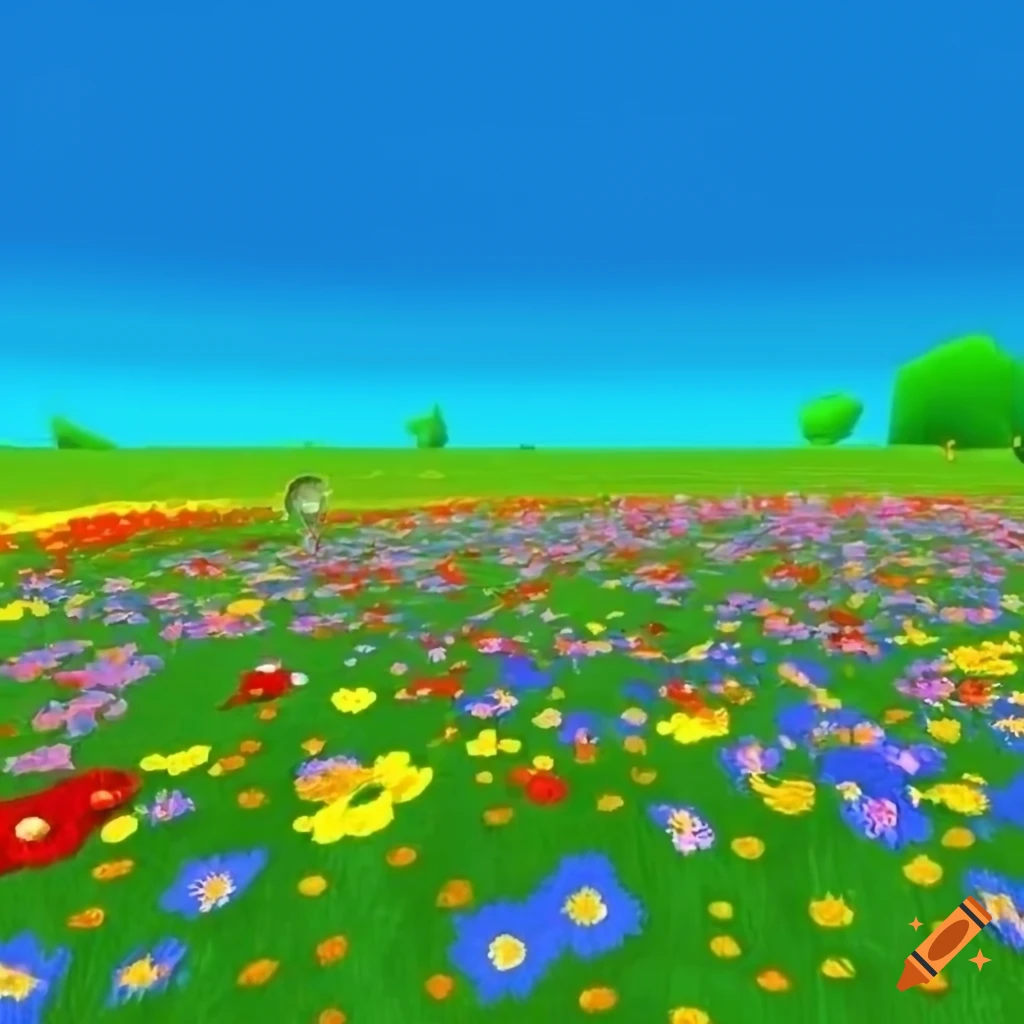 Nintendo 64-style rendering of a vibrant flower meadow