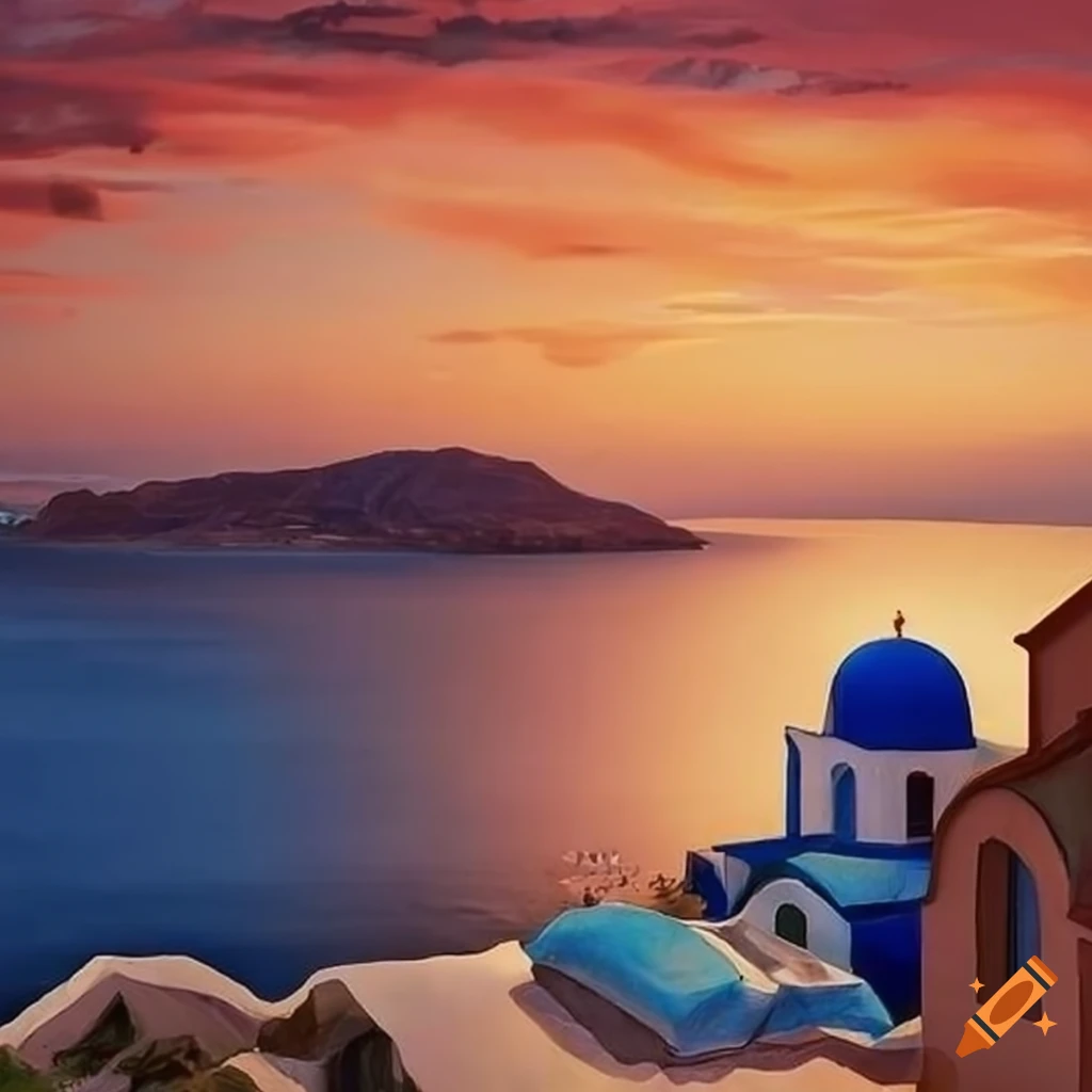 Artwork of scenic greek isles from a cafe