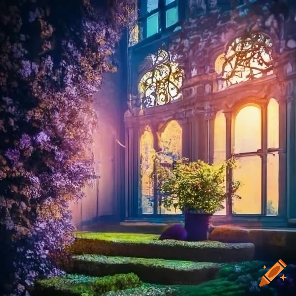 View of a garden house with crystal windows at dawn on Craiyon