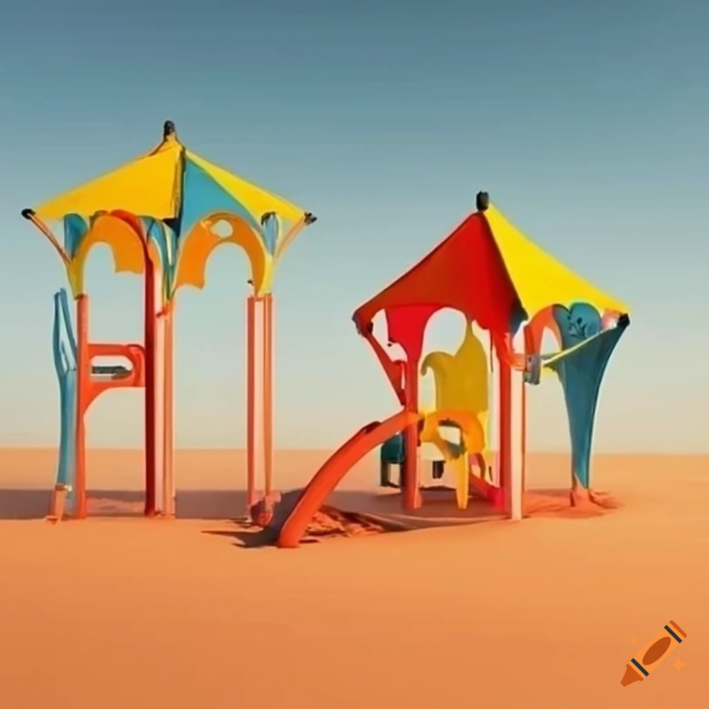 Colorful surrealist playground with sand square and various structures