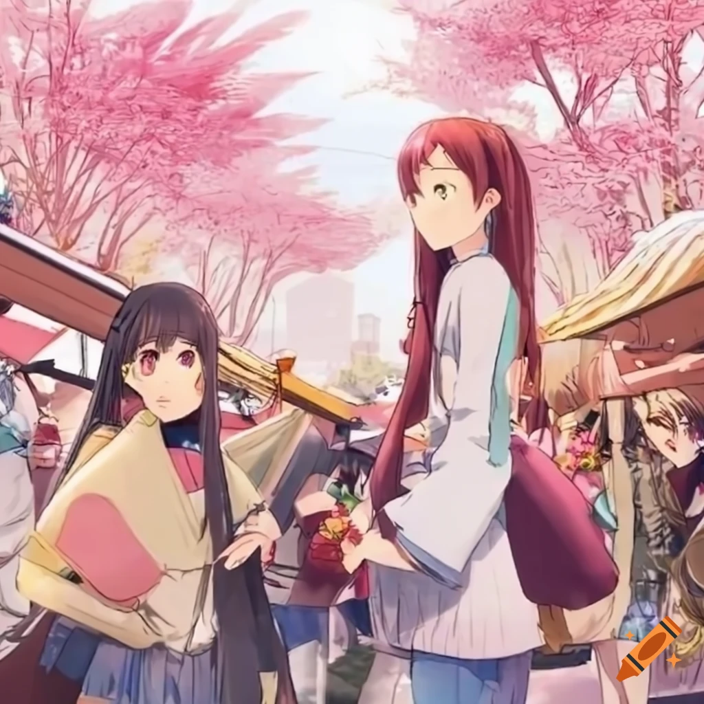 Anime girls studying together on a sunny day