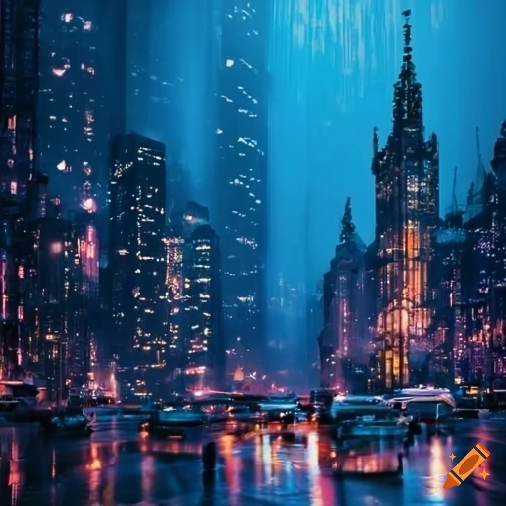 Blue hue cityscape in the rain