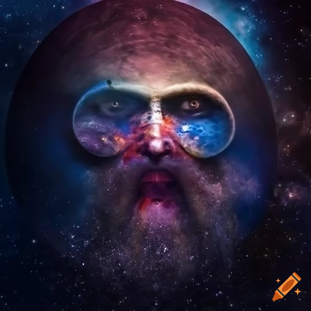 Surreal image of a cosmic bearded face surrounded by mushrooms and ...