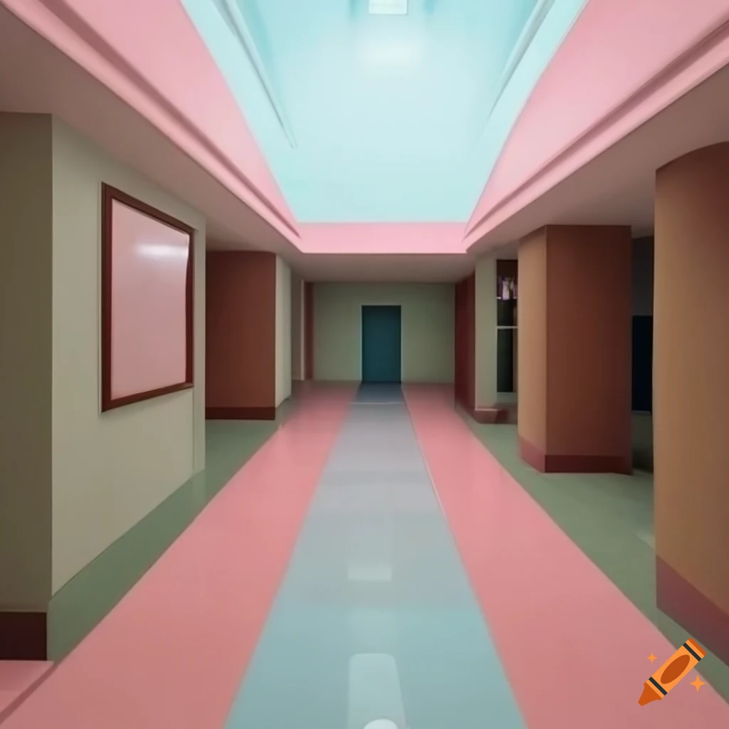 Pastel colored hotel lobby with tiled floors and walls on Craiyon