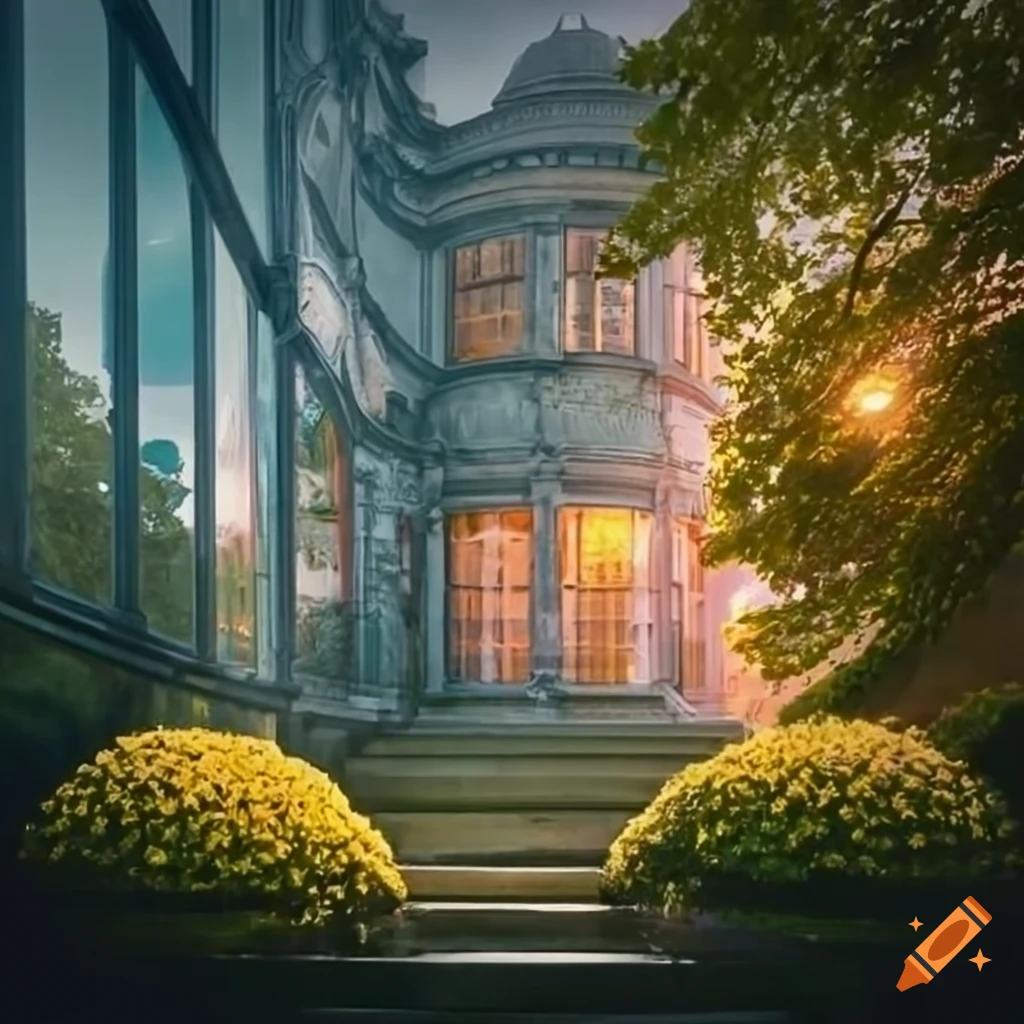 View of a garden house with crystal windows and lush surroundings on ...