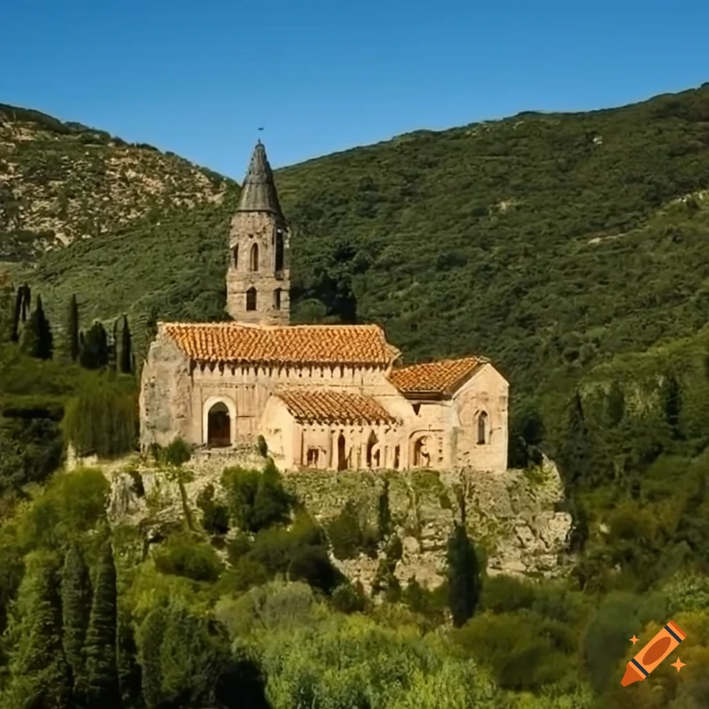 Aerial view of a romanesque monastery in a mediterranean landscape on ...