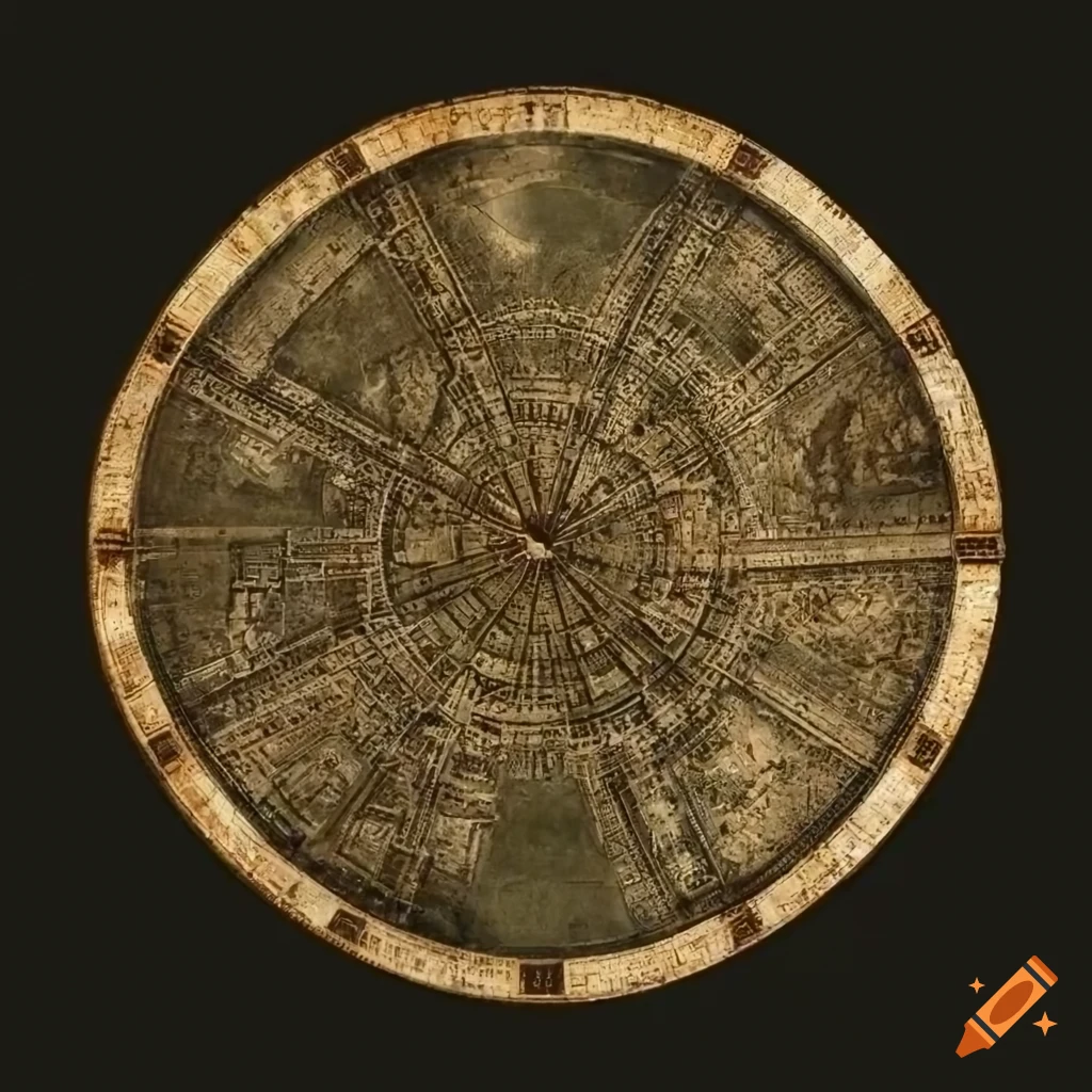 Medieval style map with mountains, river, and circular city on Craiyon