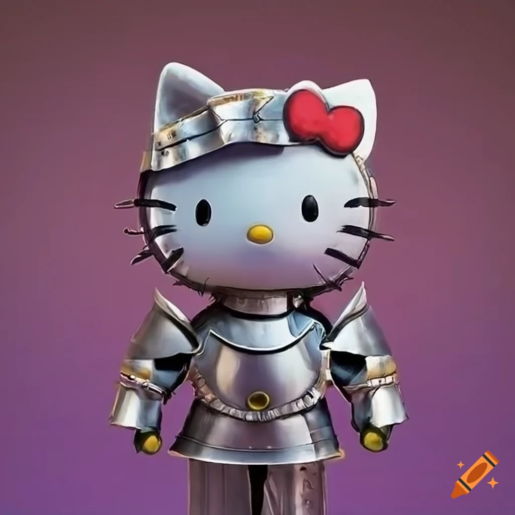 Hello kitty in medieval armor with sword and metal grey helmet on Craiyon
