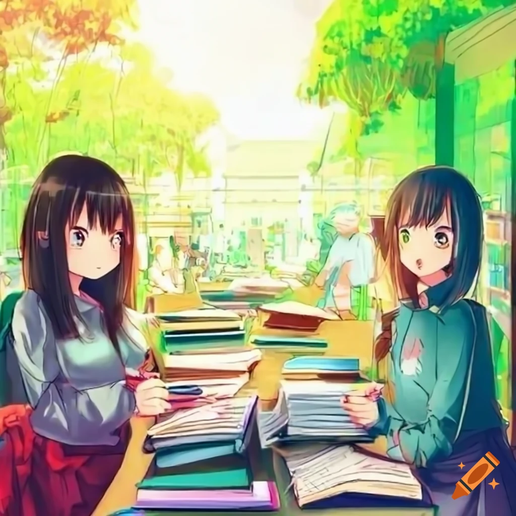Cheerful anime girls studying at a book fair terrace table on Craiyon