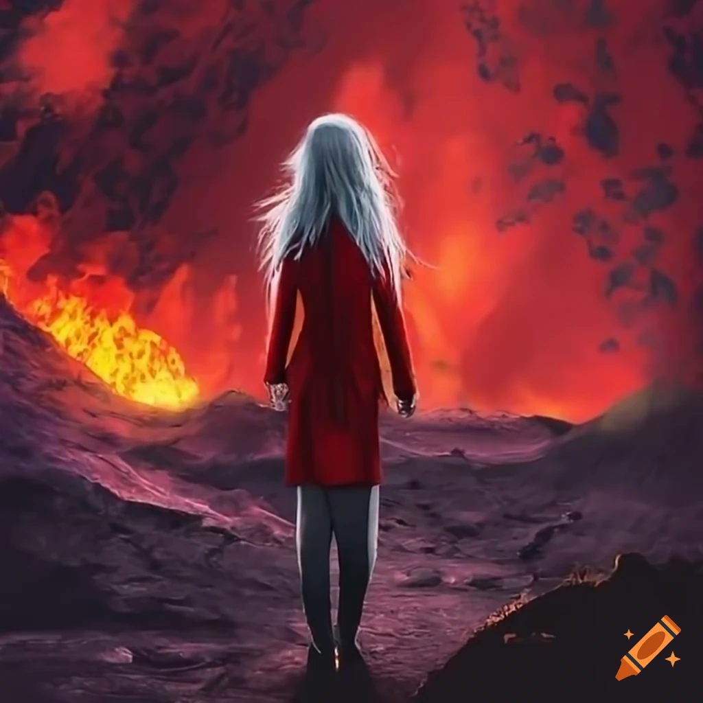 Girl in a red suit exploring volcanoes on Craiyon