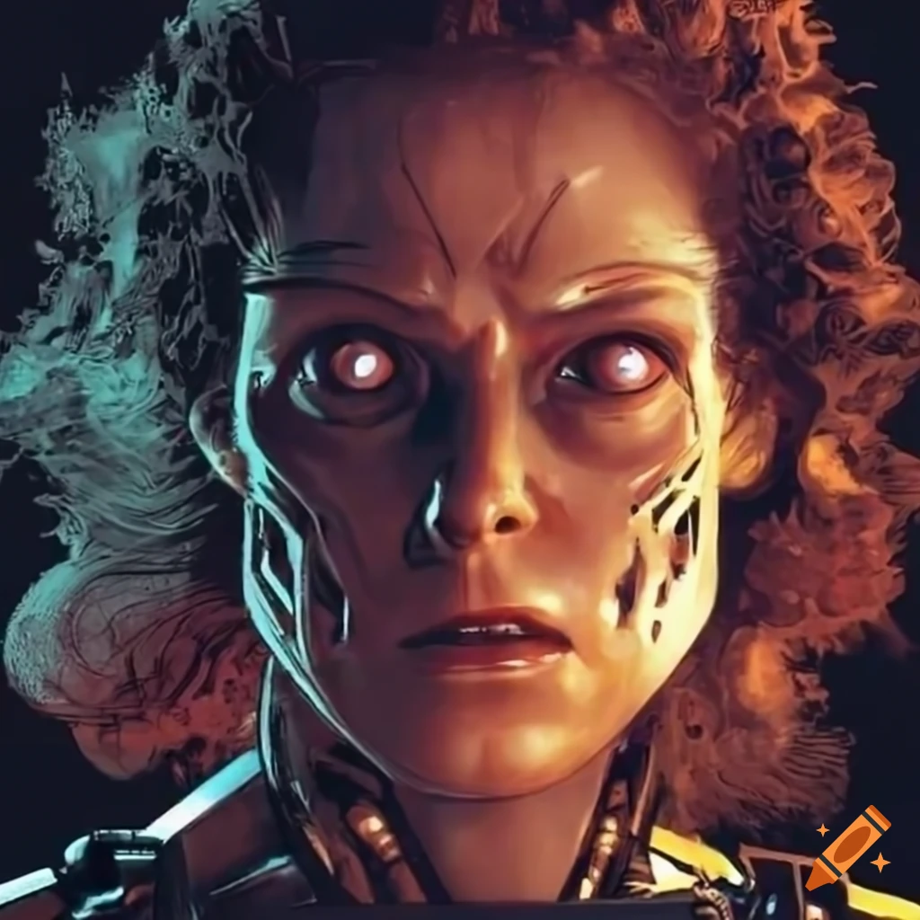 Artwork of Ellen Ripley and T-800 Terminator cyborg on Craiyon