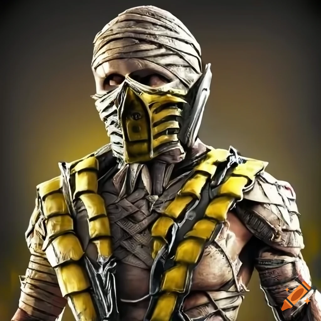 Cosplayer dressed as mummy Scorpion from Mortal Kombat on Craiyon