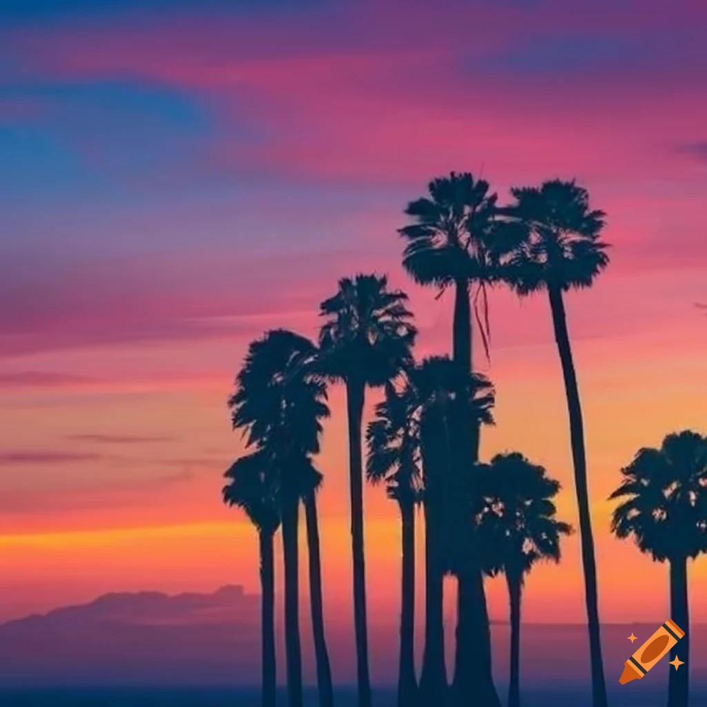 Sunset amidst california palm trees