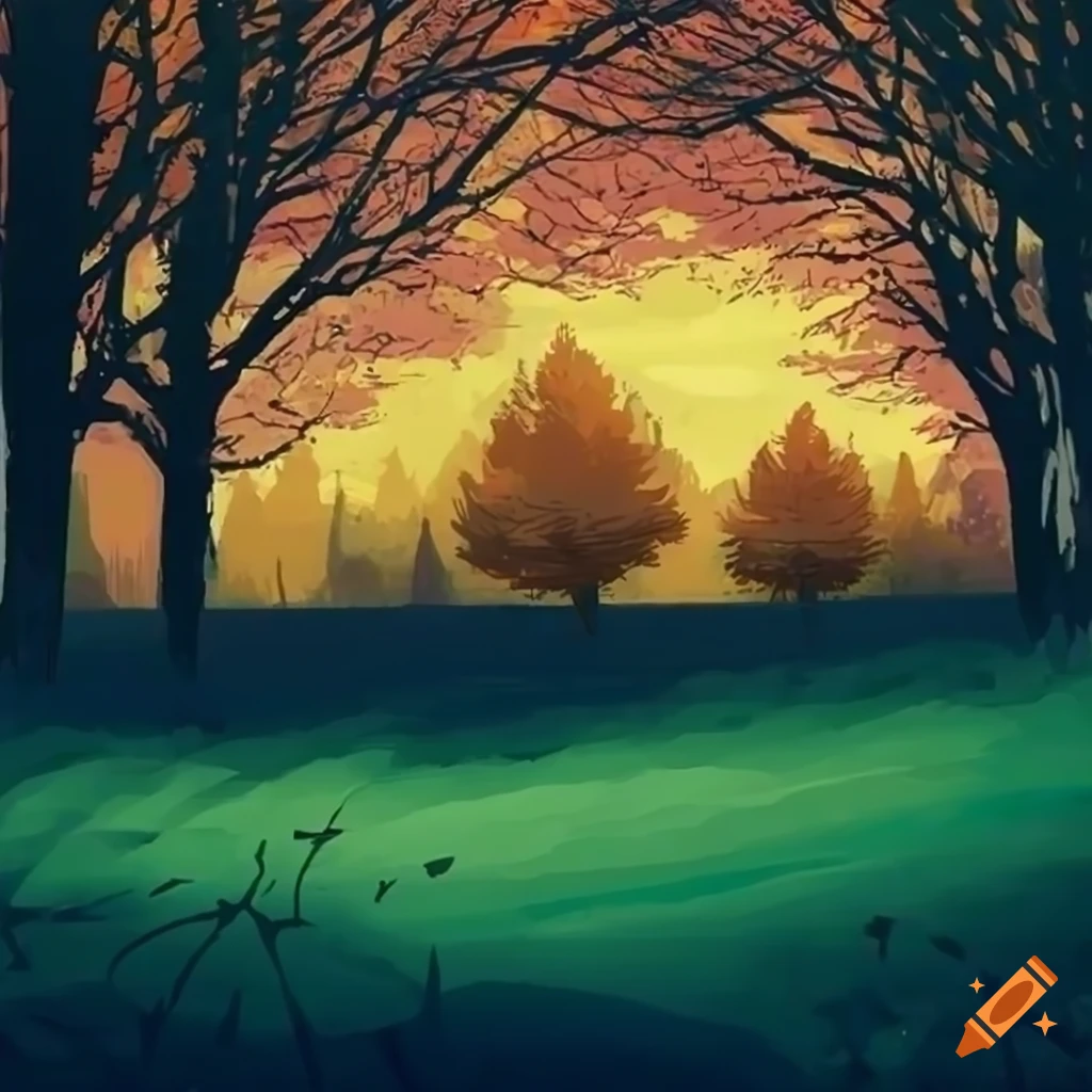 Video game art style landscape with distant autumn trees on Craiyon