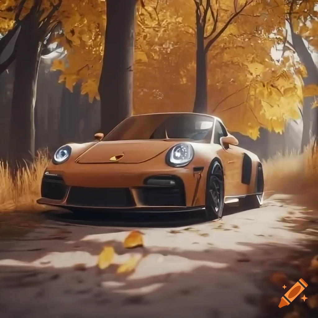 Ultrarealistic porsche on a dirt road during fall on Craiyon