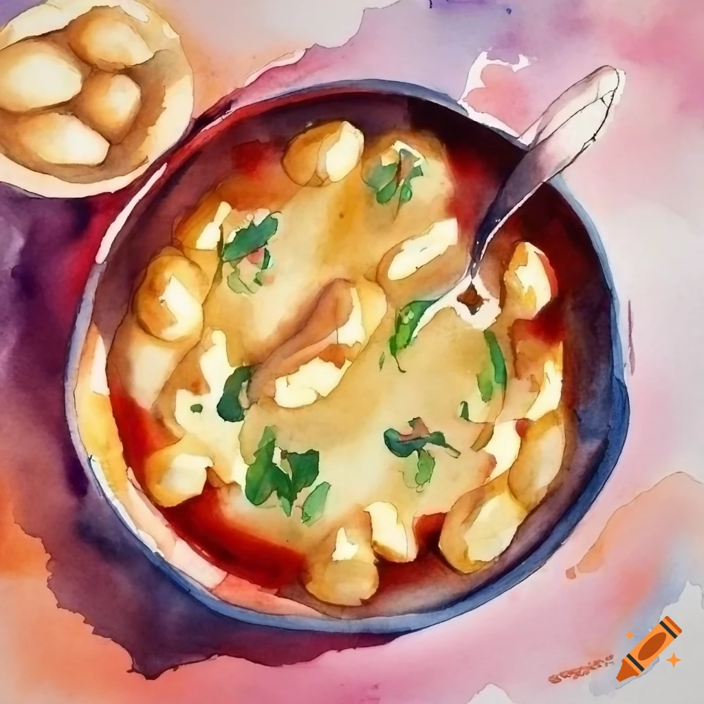 Watercolor painting of slovak bryndzové halušky on Craiyon