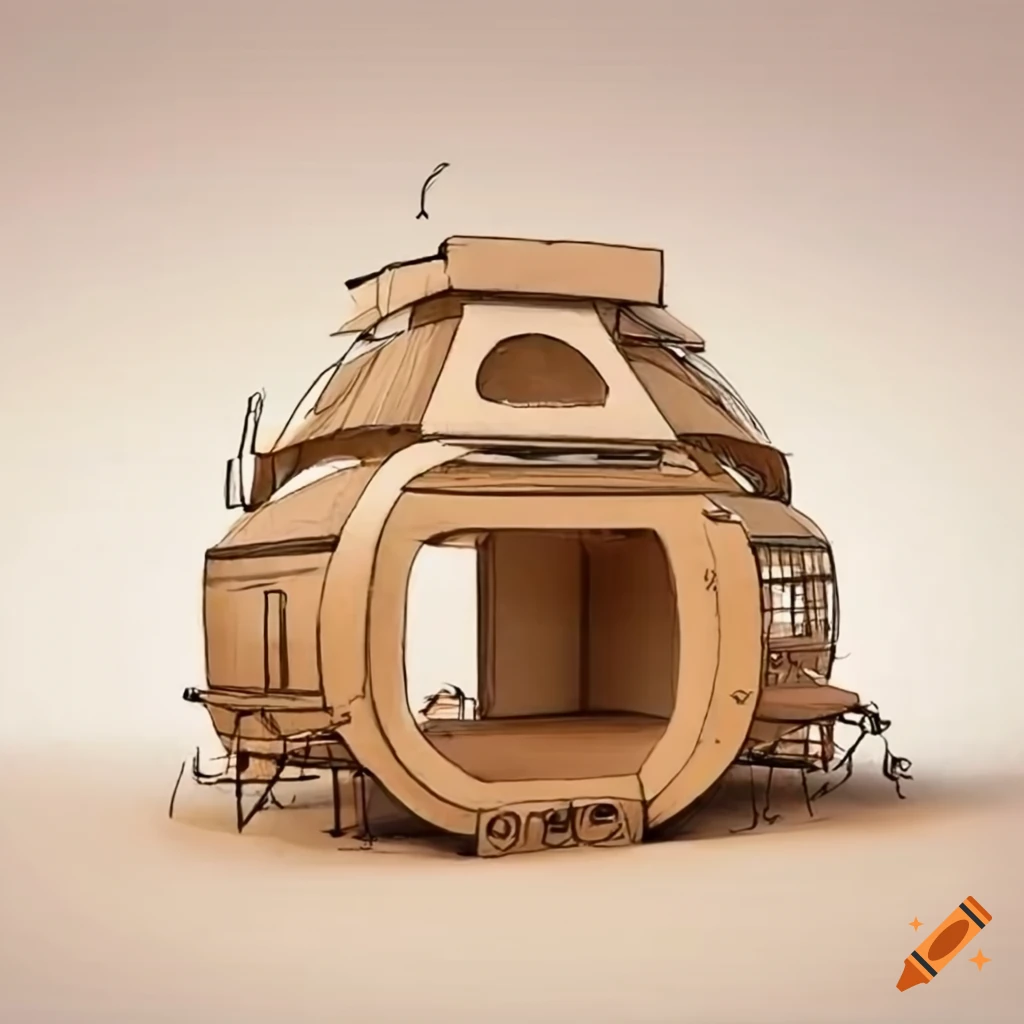 Technical drawing of a retro-futuristic living pod made from cardboard ...