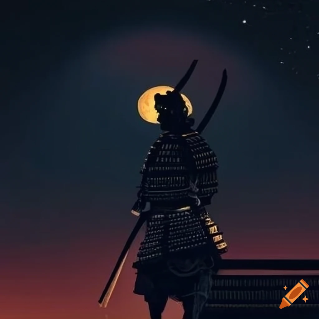 Image of a samurai standing on a rooftop at night on Craiyon