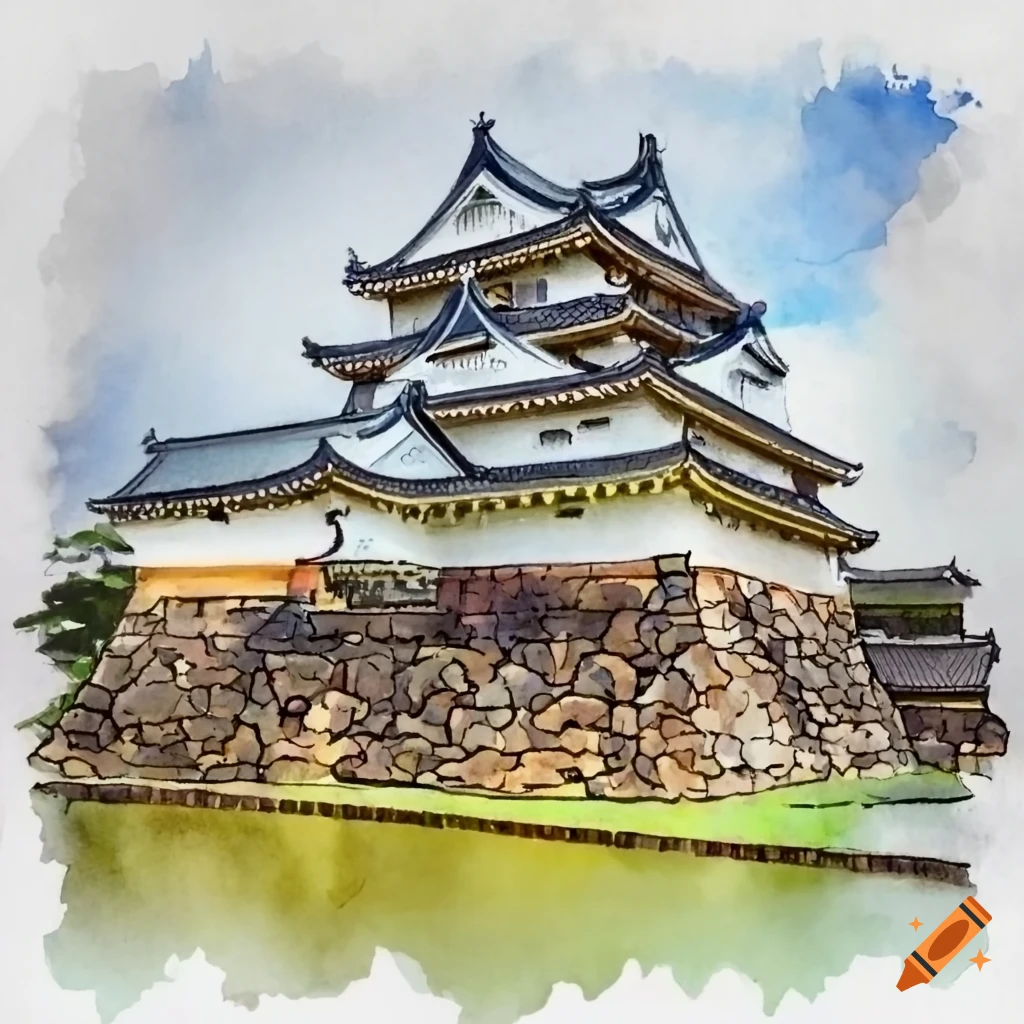 Watercolor illustration of Kochi Castle in Japan on Craiyon