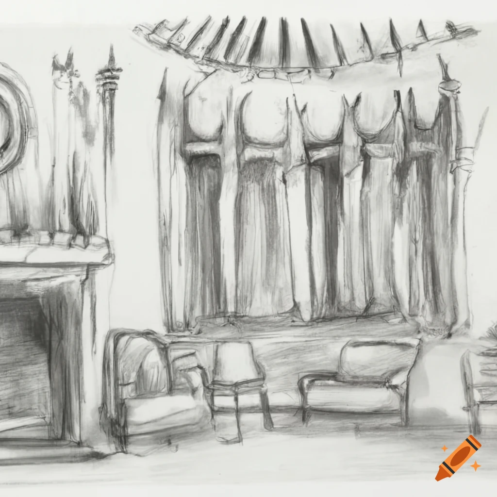 Crowded cottage interior in black and white charcoal drawing on Craiyon