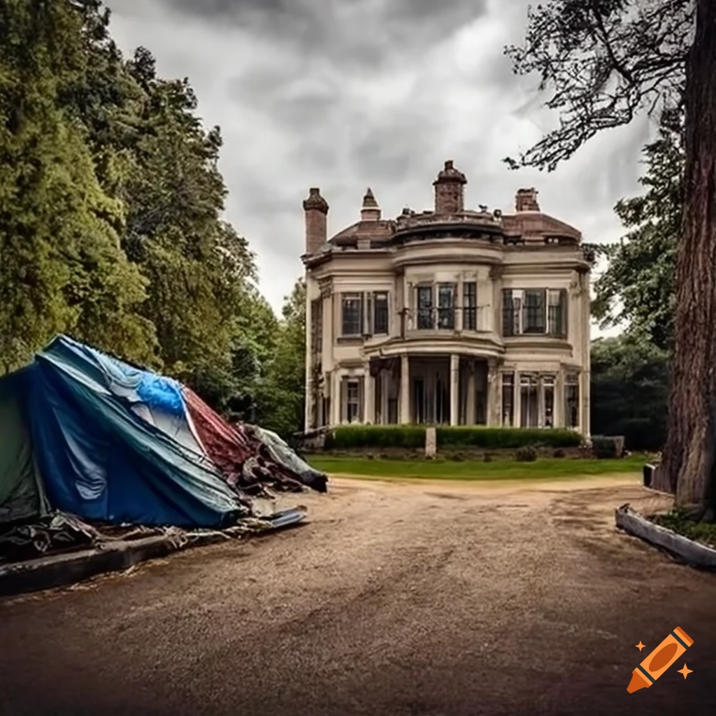 Contrast between a homeless camp and luxurious mansion on Craiyon