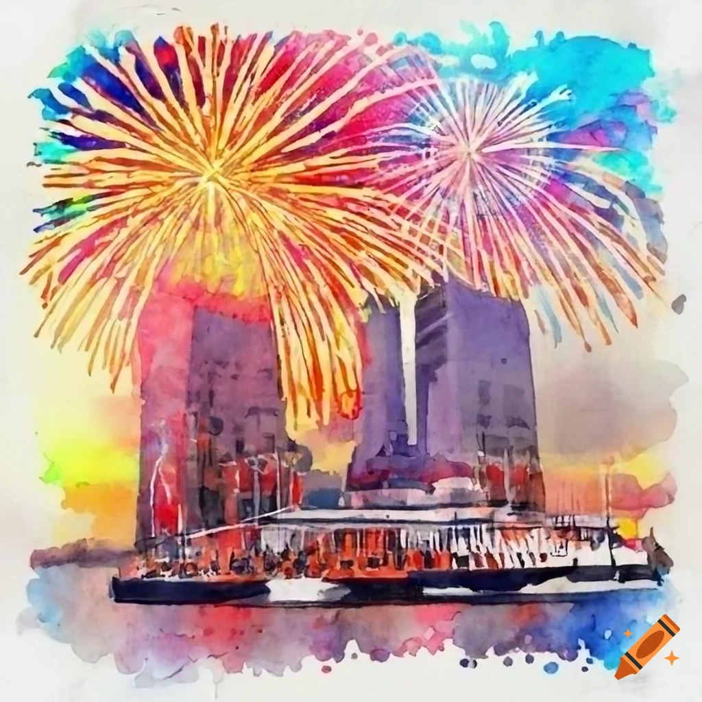 Watercolor illustration of fireworks at yokohama port on Craiyon
