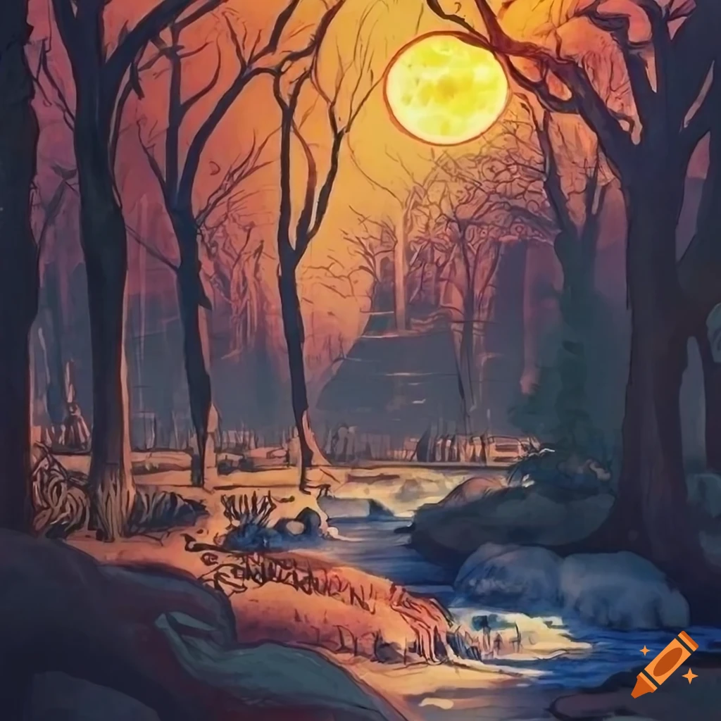 Illustration of a golden hour landscape with trees and a meandering ...