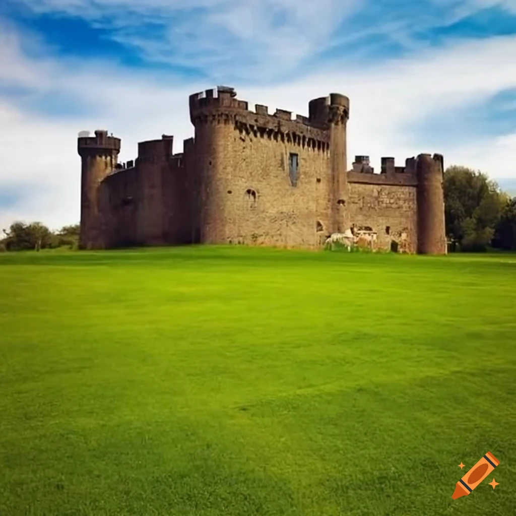 Image of a vintage castle surrounded by a wide grass lawn on Craiyon
