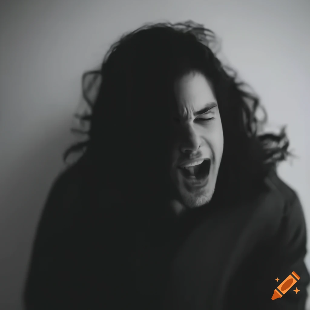 Cinematic portrait of a man screaming in a white bedroom