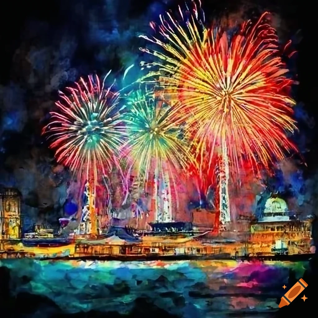 Watercolor illustration of fireworks at yokohama port