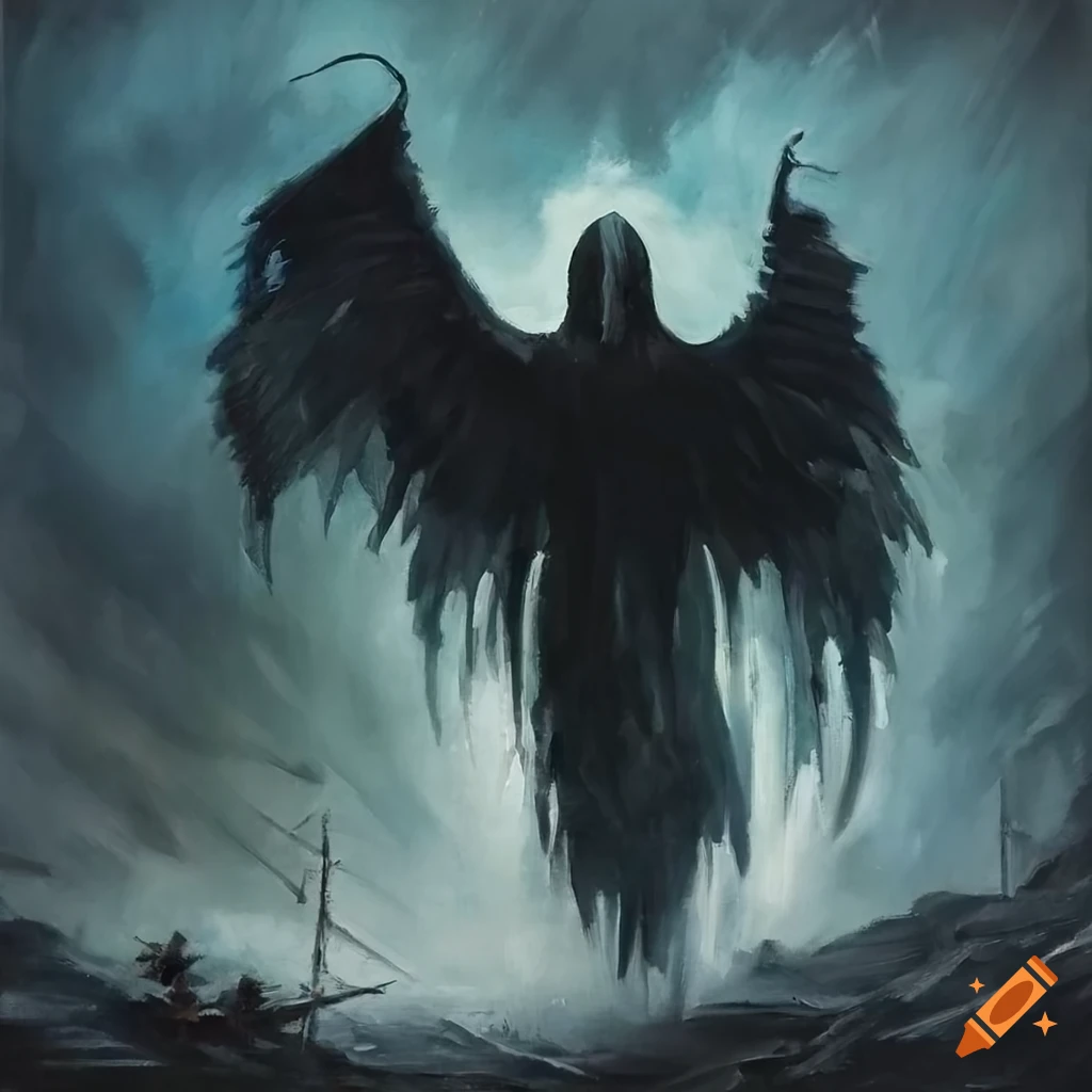 Oil painting of a creepy dementor with giant wings