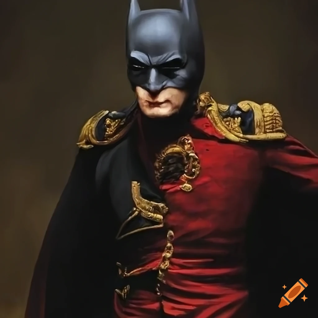 Oil painting of a sad Batman in a Napoleon suit on Craiyon