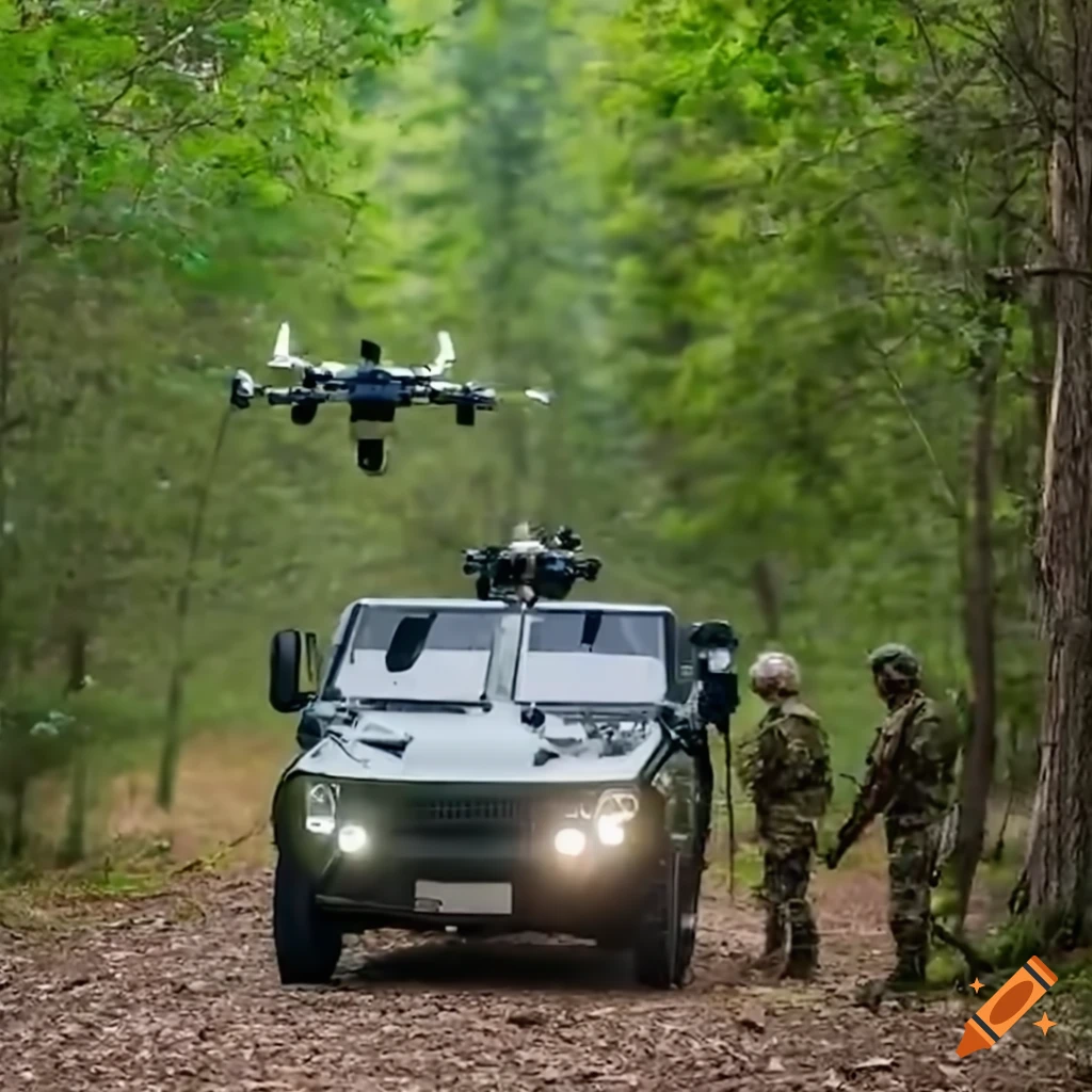 Soldier launching a drone near an armored personnel carrier in a forest