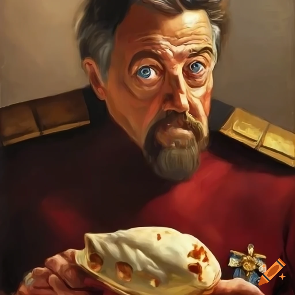Realistic portrait of commander william riker holding a burrito on Craiyon