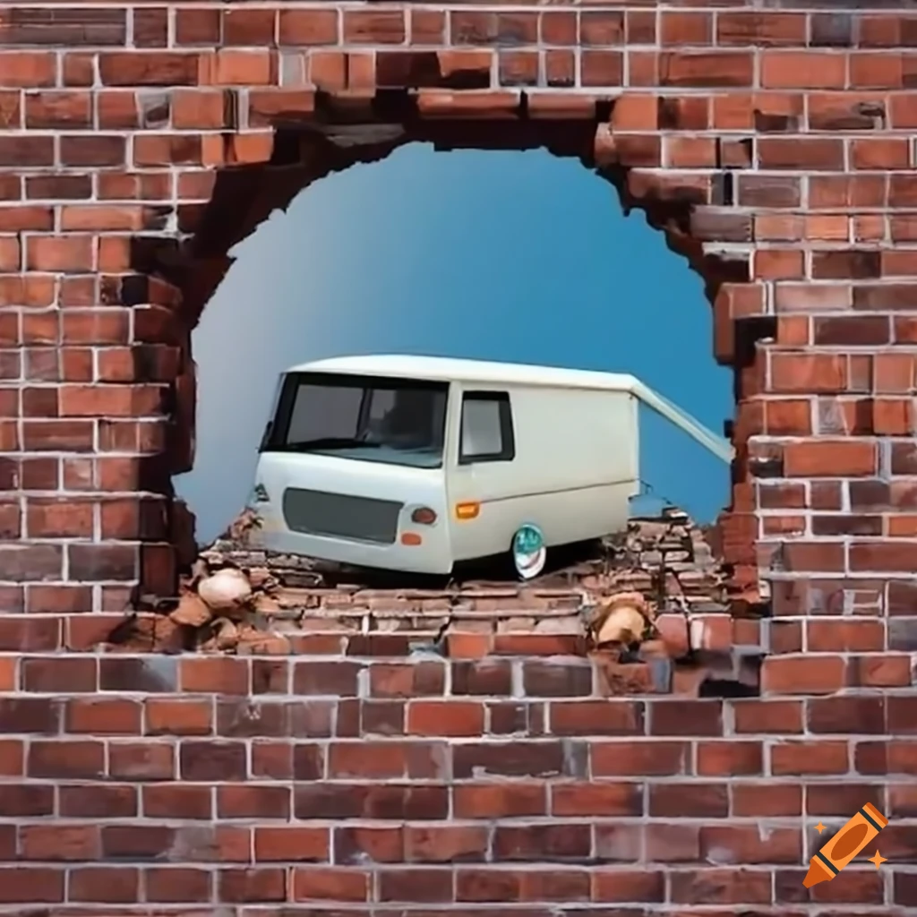 Cars and vans driving through a hole in a brick wall on Craiyon